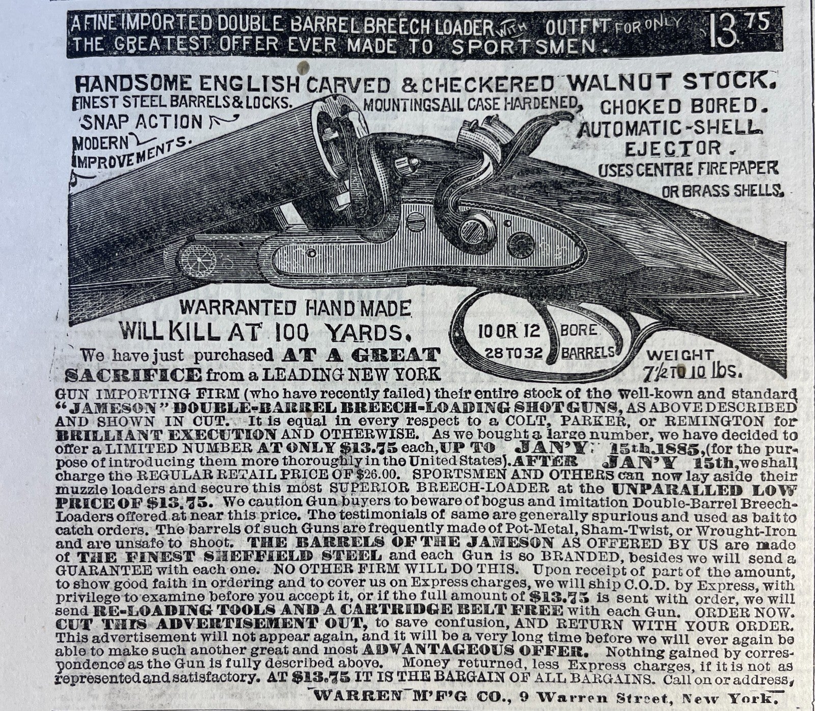 1884 Jameson Double Barrel Breech Loading Shot Vintage Gun Magazine Ad ...